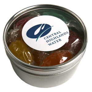 Promotional Small Round Window Tin with Boiled Lollies x12: Branded Online